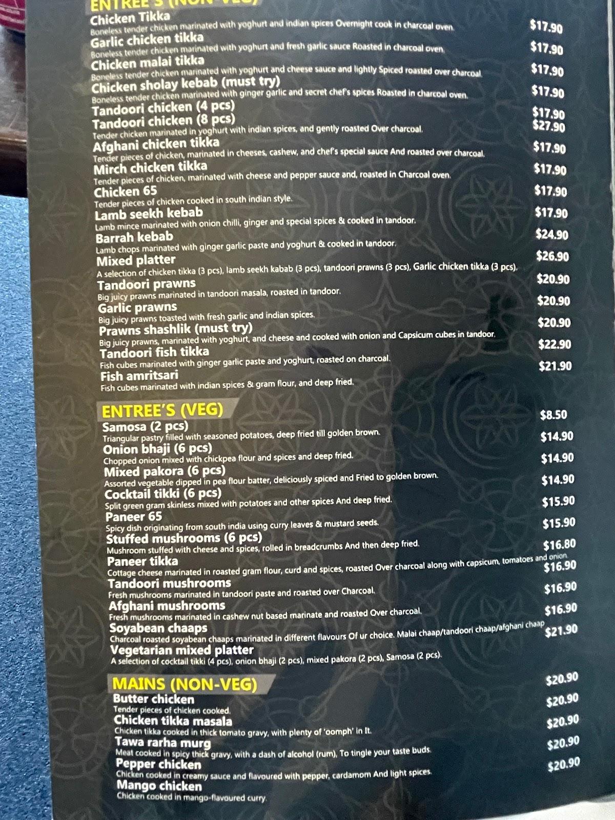 Menu at The Chefs Indian Restaurant, Auckland
