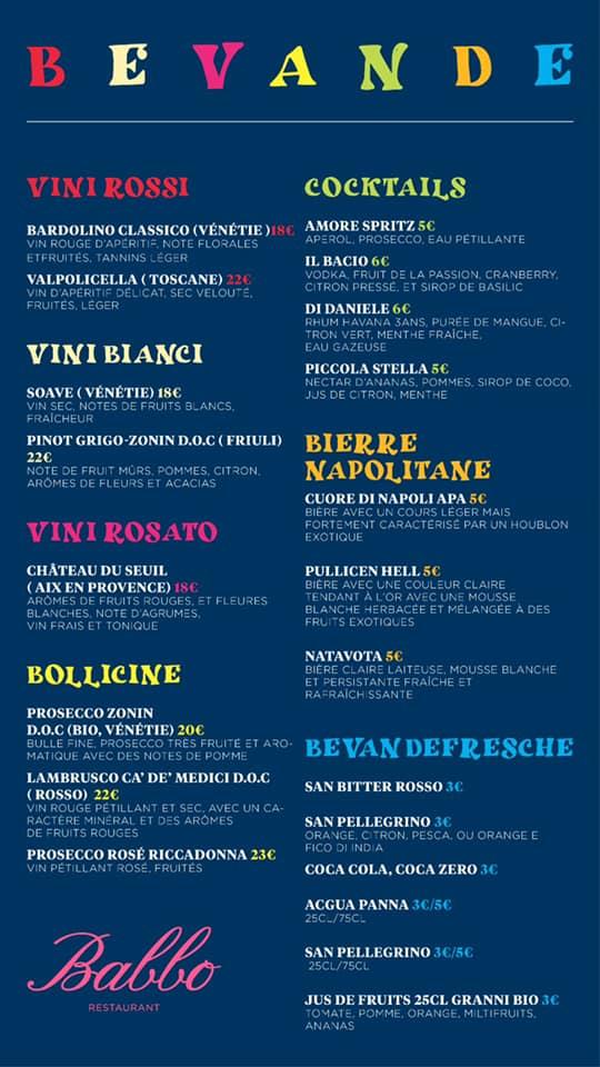 Menu au Babbo ristorante restaurant, Marseille