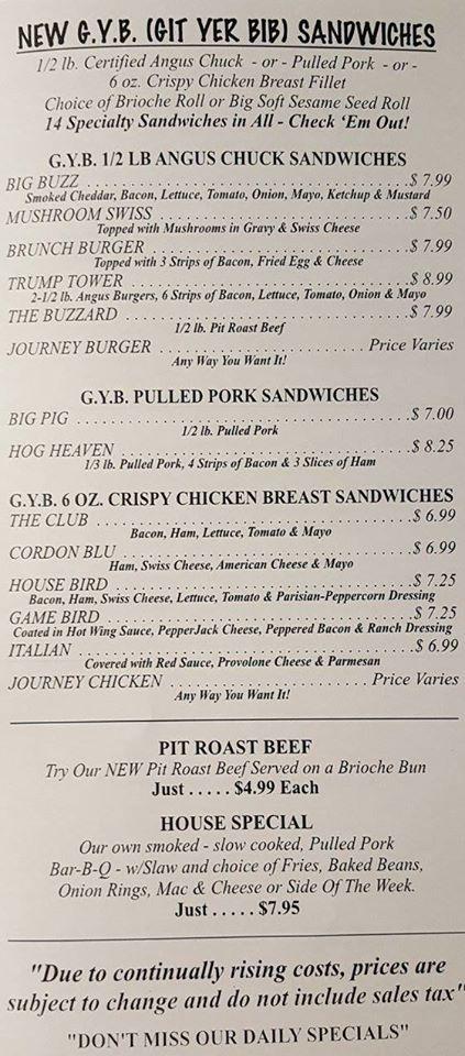 Menu at Buzz's Subs pizzeria, Watsontown