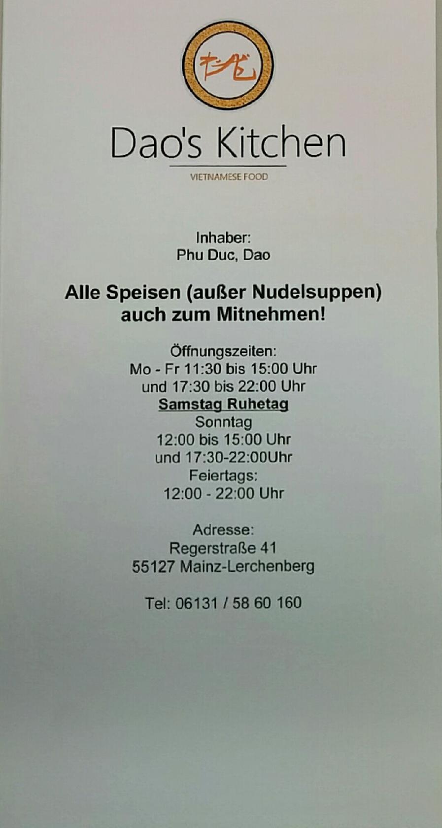 Speisekarte von Dao's Kitchen Vietnamese Food restaurant, Mainz