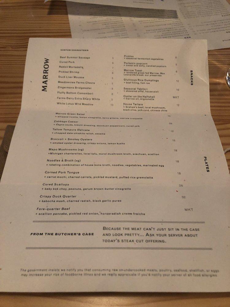 Menu at Marrow restaurant, Detroit