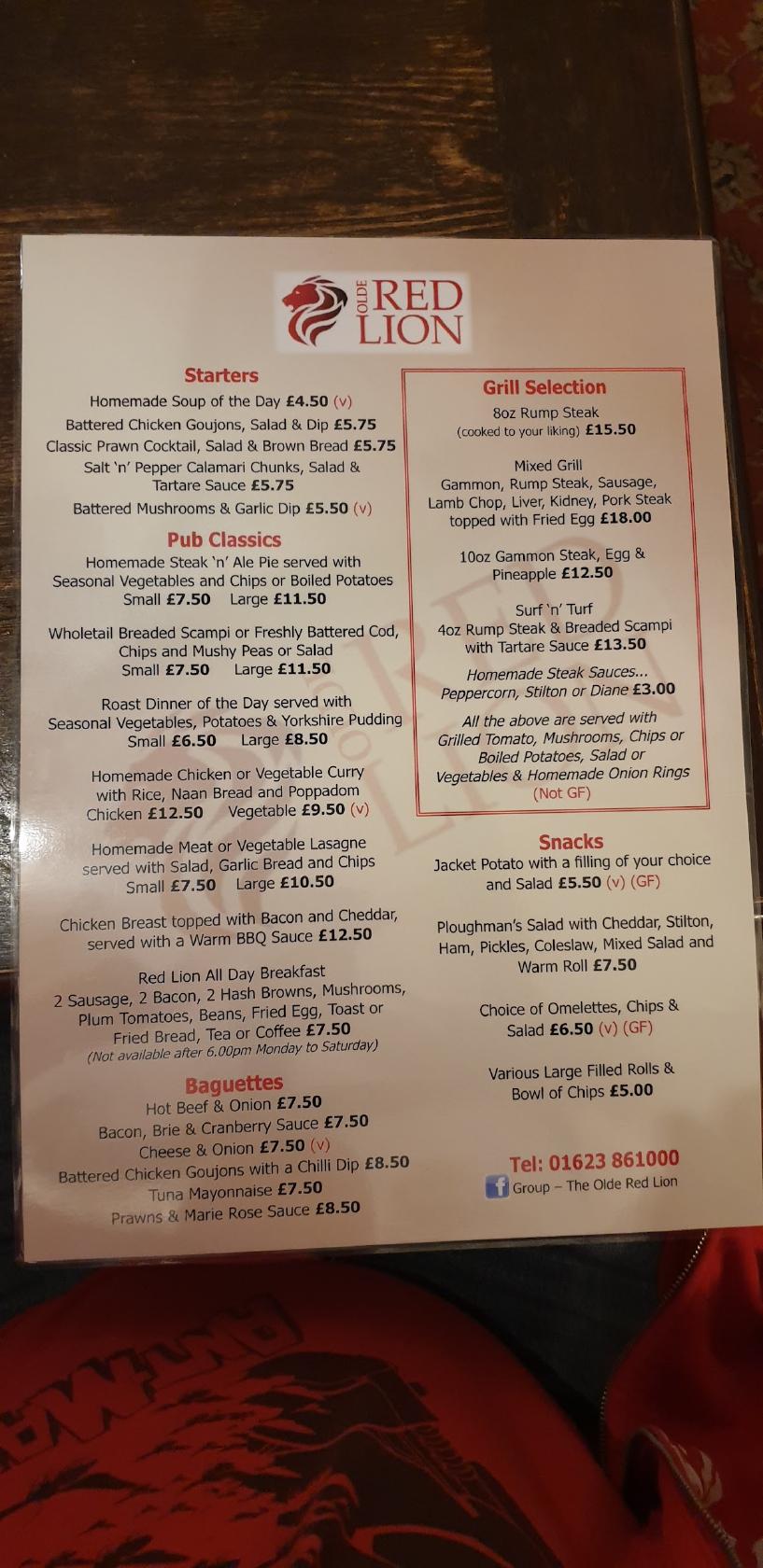 Menu at Olde Red Lion pub & bar, Wellow