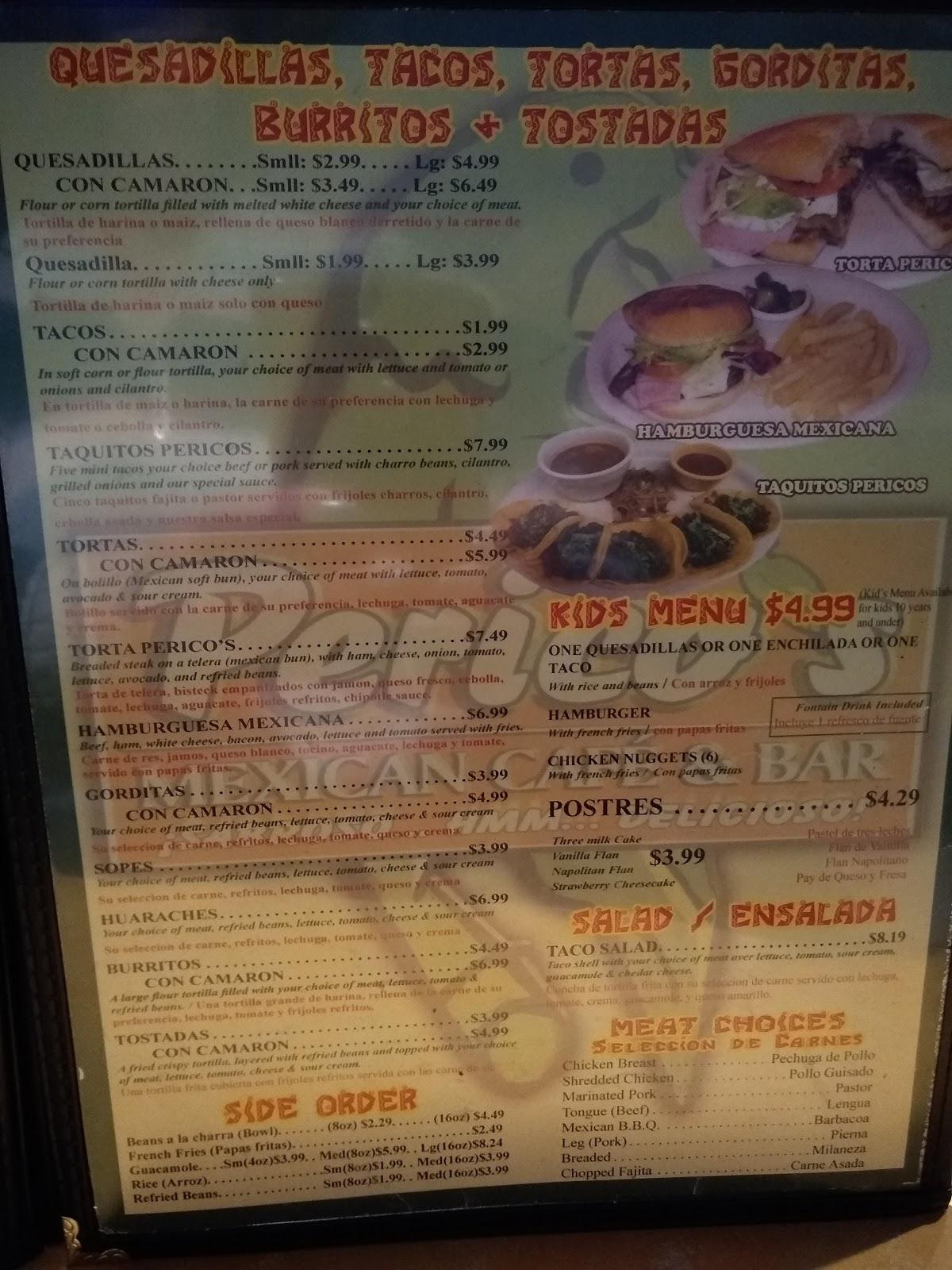 Menu at Pericos Mexican Cafe, Houston