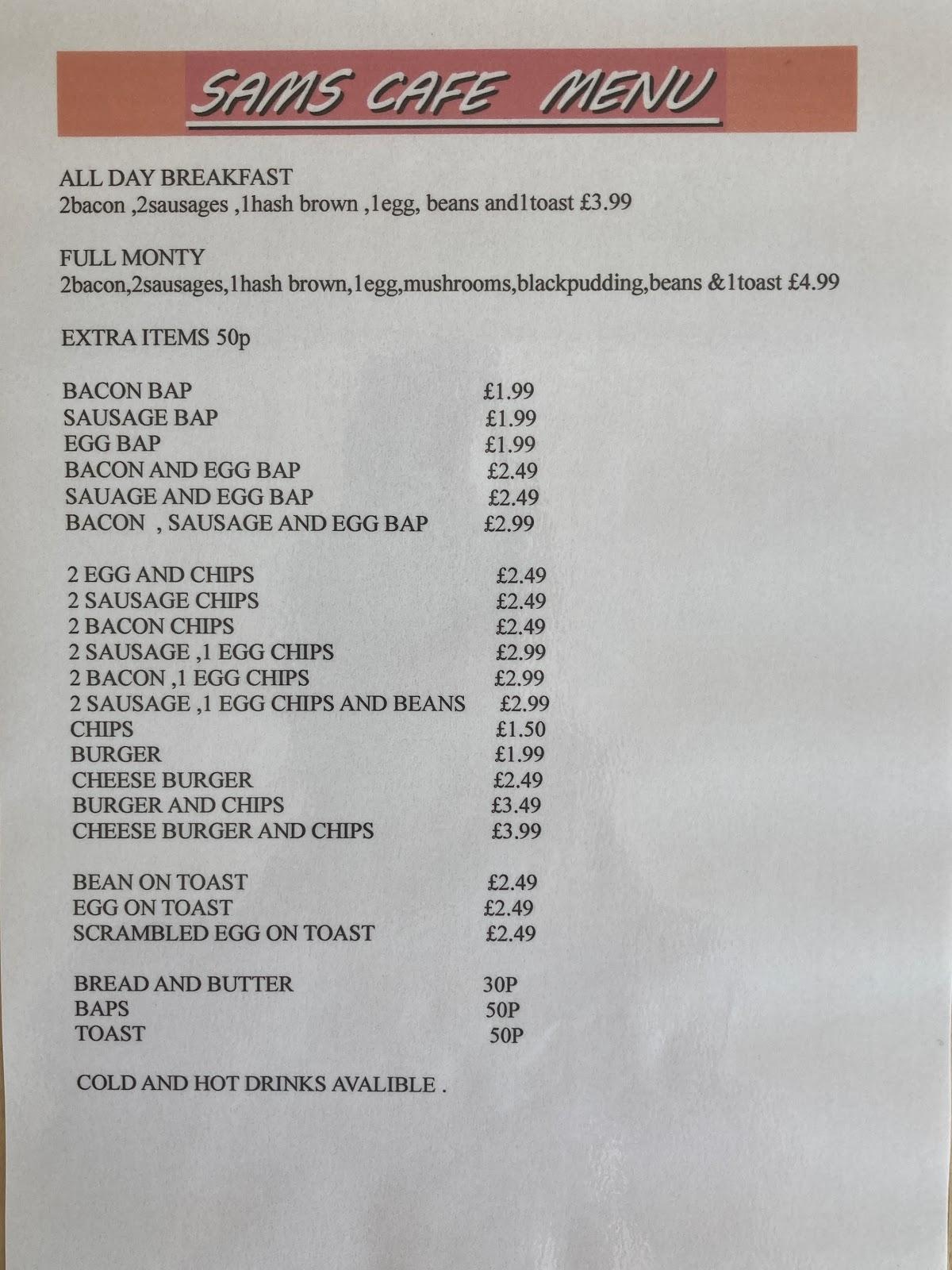Menu at Sam's cafe, Denbigh