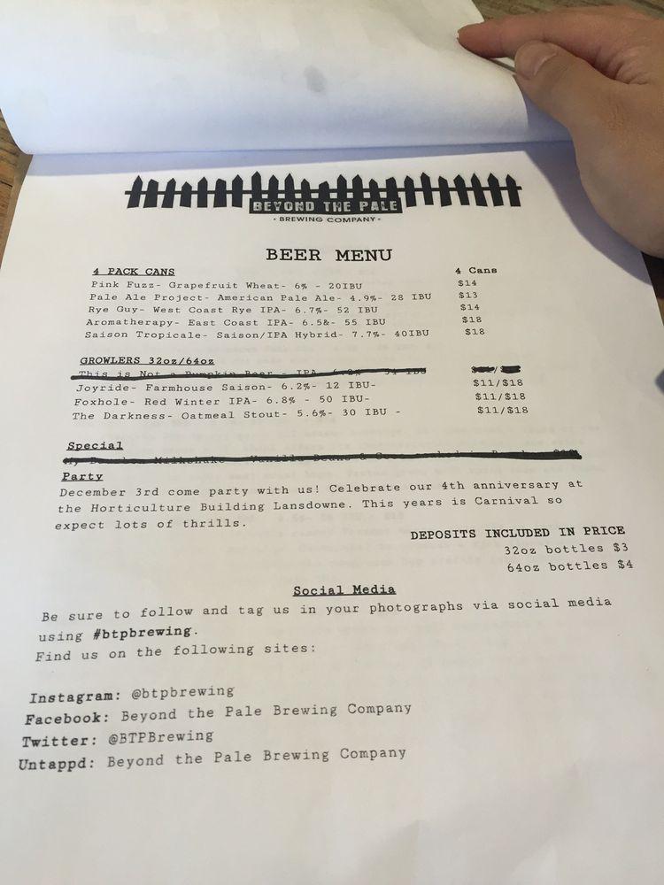 Menu at Beyond the Pale Brewing Company restaurant, Ottawa, 250 City ...