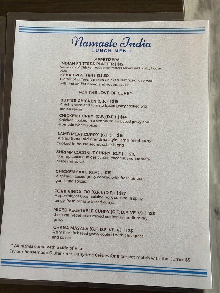 Menu at Namaste India restaurant, Winter Park, US-40