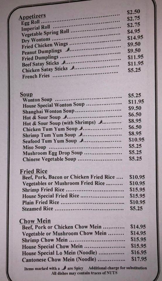 Menu at Panda restaurant, Cornwall