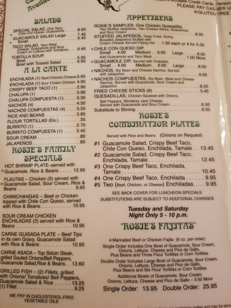 Menu at Rosie's Tamale House restaurant, Bee Cave, State Hwy 71