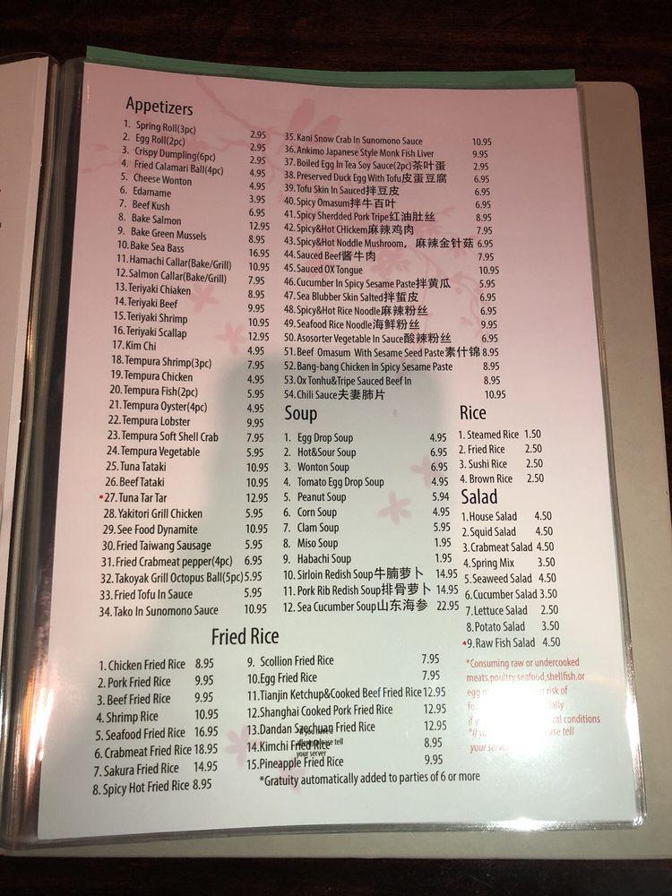 Menu at Sakura Noodle House & Sushi Bar, Lubbock