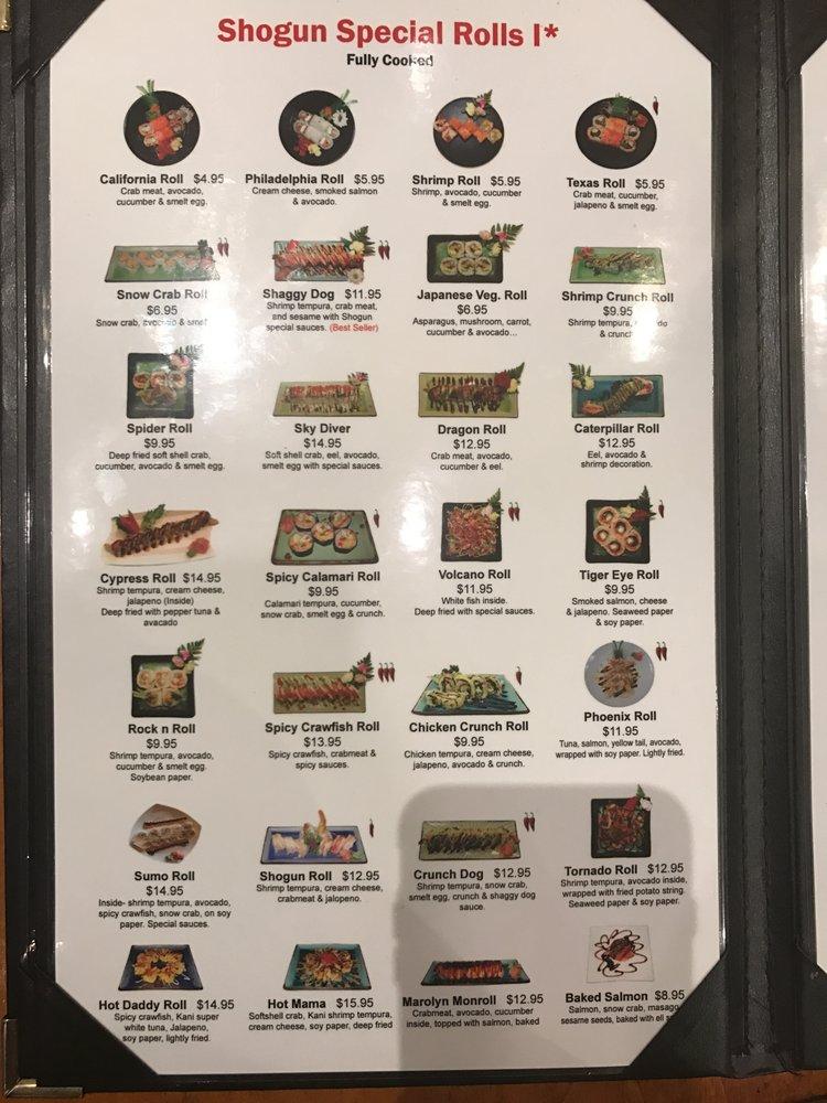 Menu at Shogun restaurant, Brenham