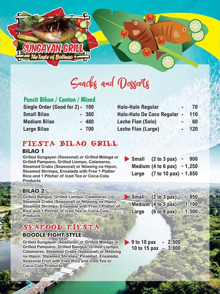 Menu at Sungayan Grill restaurant, Bolinao, 9V34+Q2W