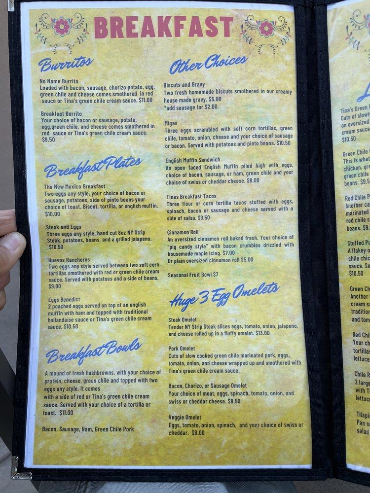Menu at Tina's Cafe, Ruidoso, Sudderth Dr