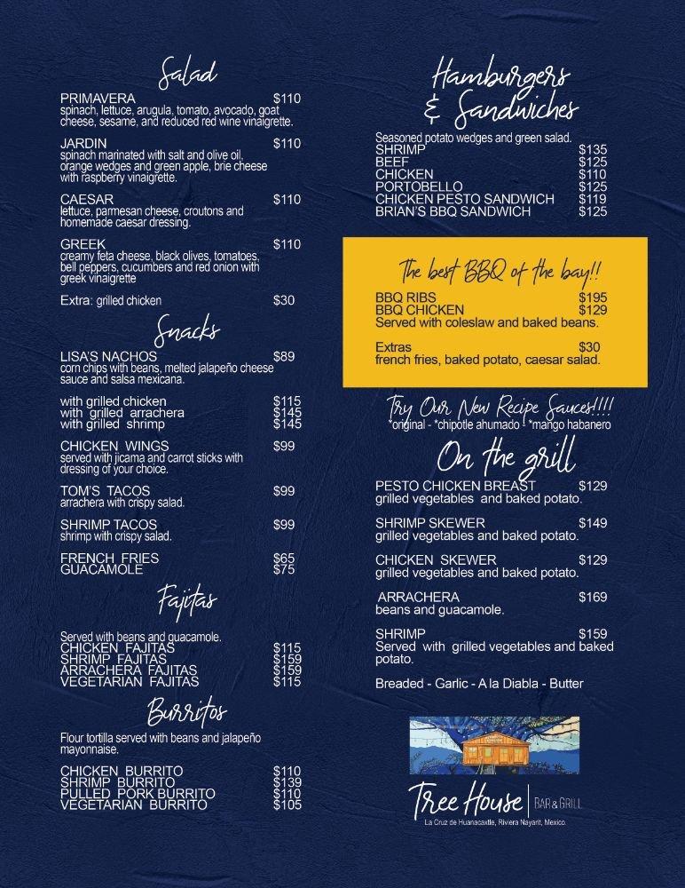 Menu at Tree House Bar & Grill, La Cruz de Huanacaxtle