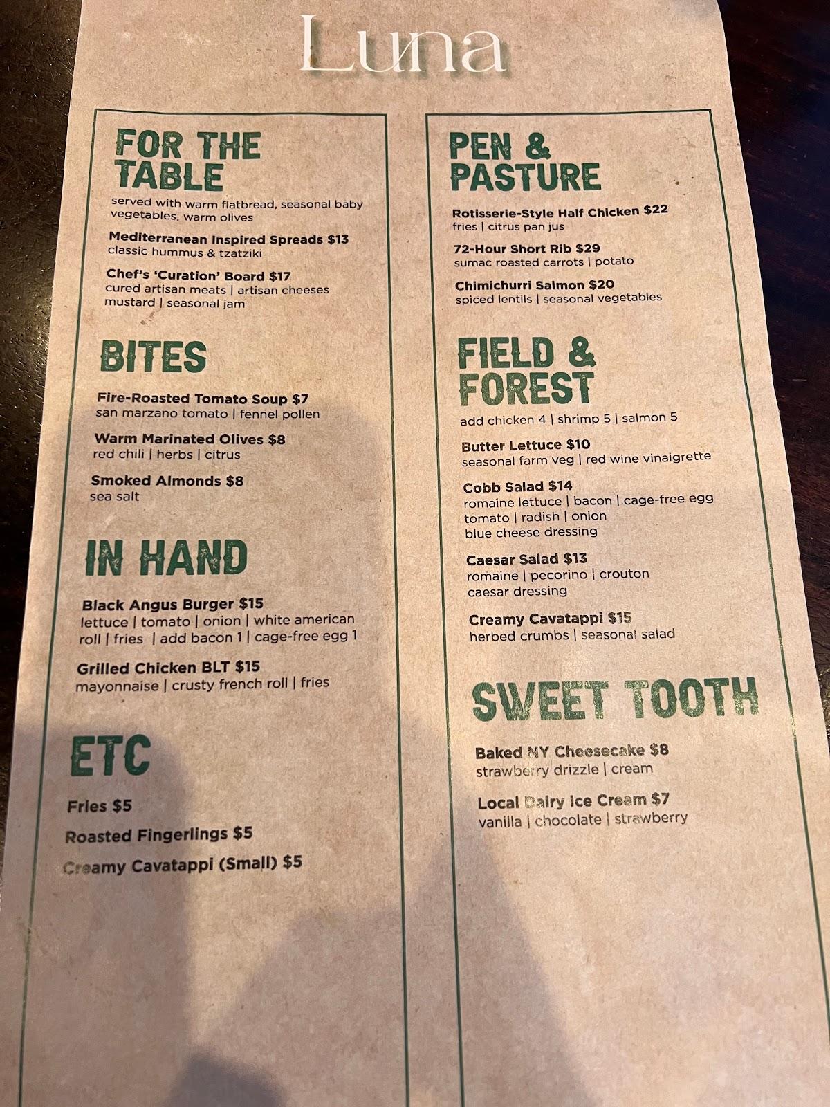 Menu at Luna Restaurant & Bar, Houston, E NASA Pkwy