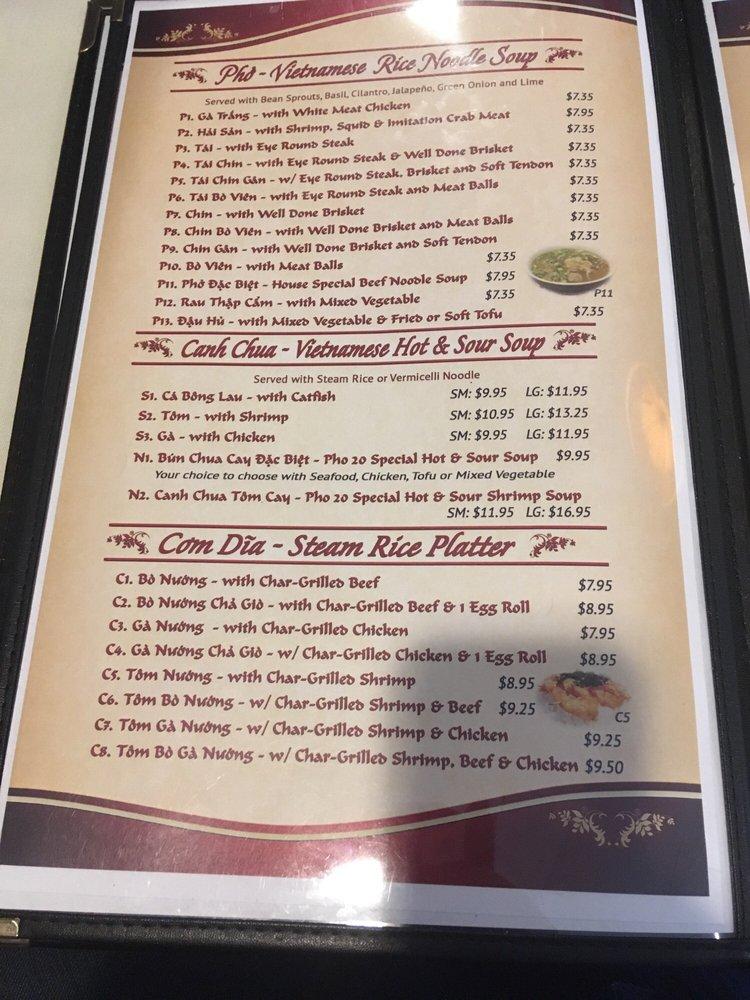 Menu at Pho 20 restaurant, Galveston