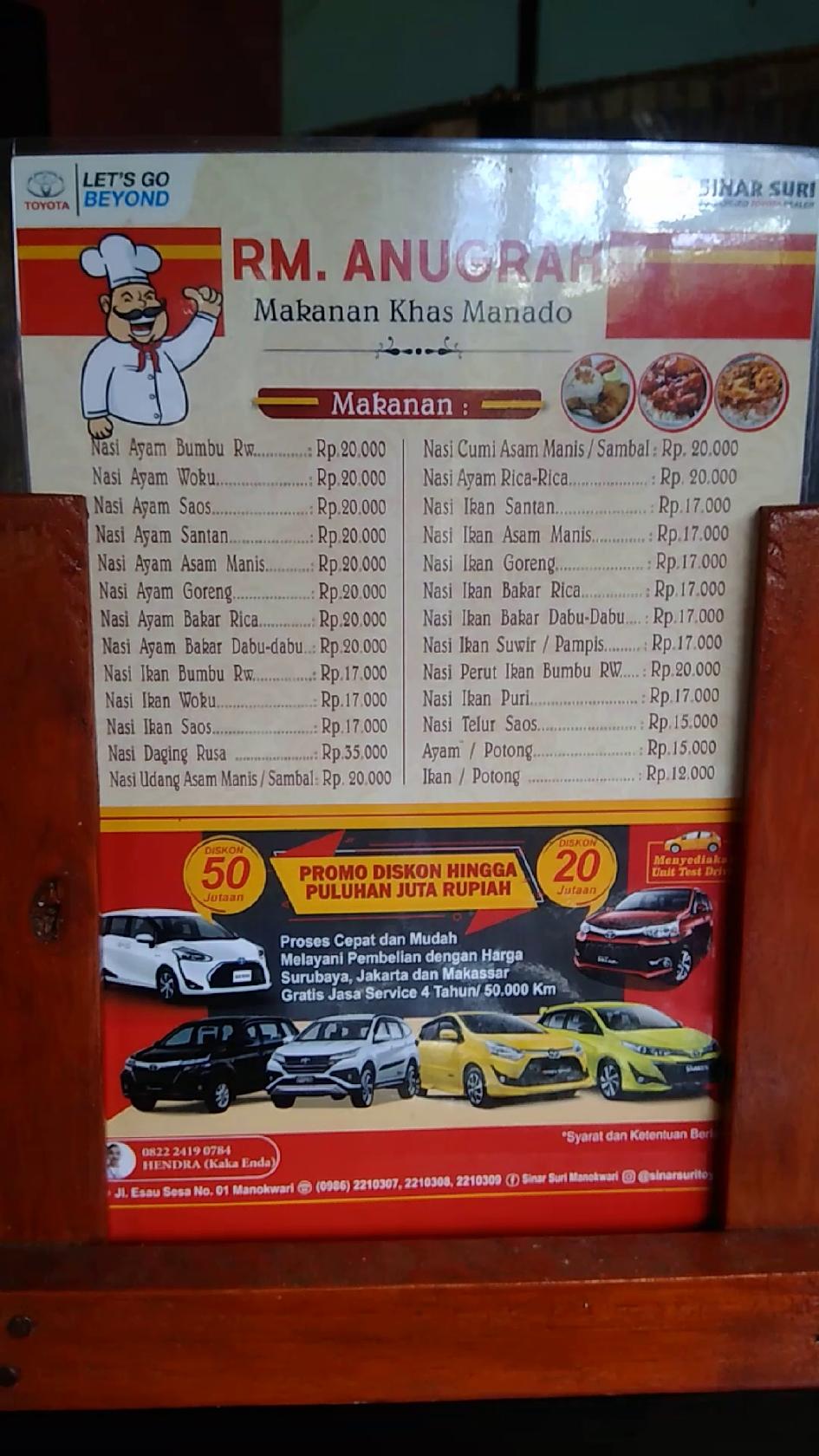 Menu at RM ANUGERAH KHAS MANADO restaurant, Manokwari