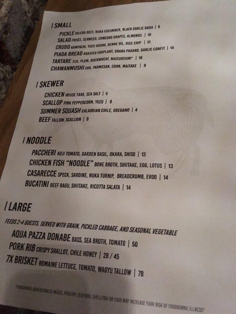 Menu at The Wolf's Tailor restaurant, Denver