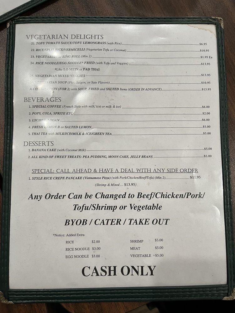 Menu at Tram's Kitchen restaurant, Pittsburgh