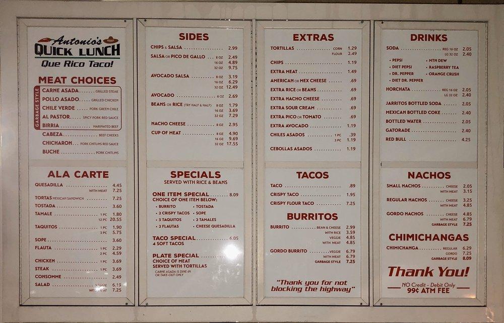 Menu at Antonio's Quick Lunch restaurant, Yuba City, 716 Colusa Ave