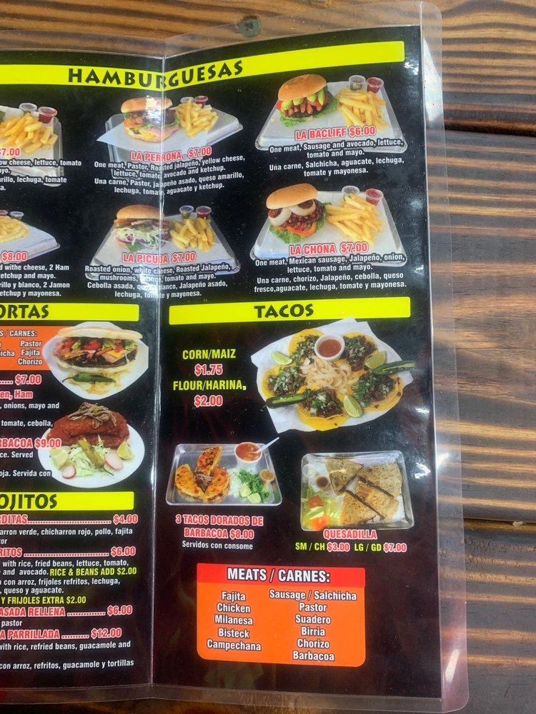 Menu at Azteca Xitlaly restaurant, Bacliff