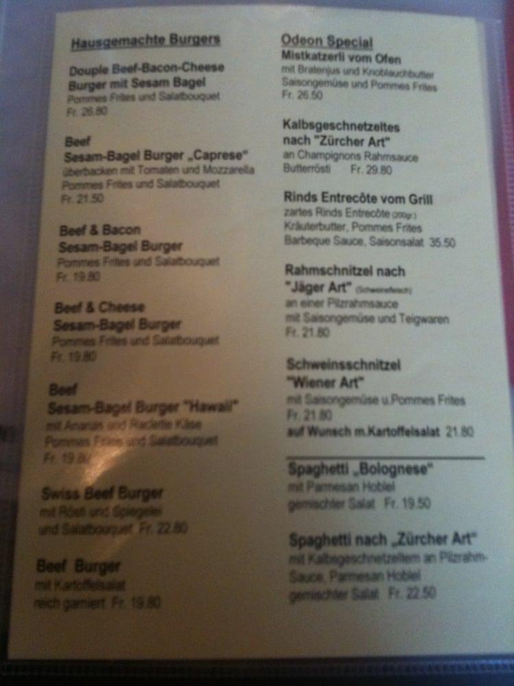 Menu at Café Bar ODEON, Zürich
