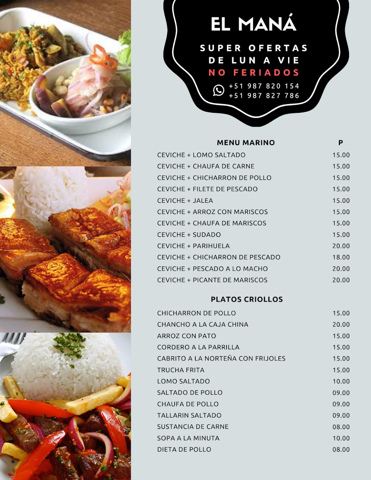 Menu at Cebichería El Maná restaurant, Ventanilla