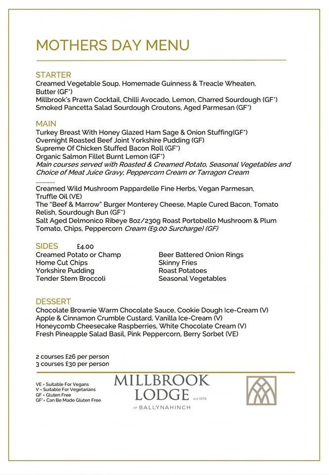 Menu at Millbrook Lodge Hotel restaurant, Ballynahinch