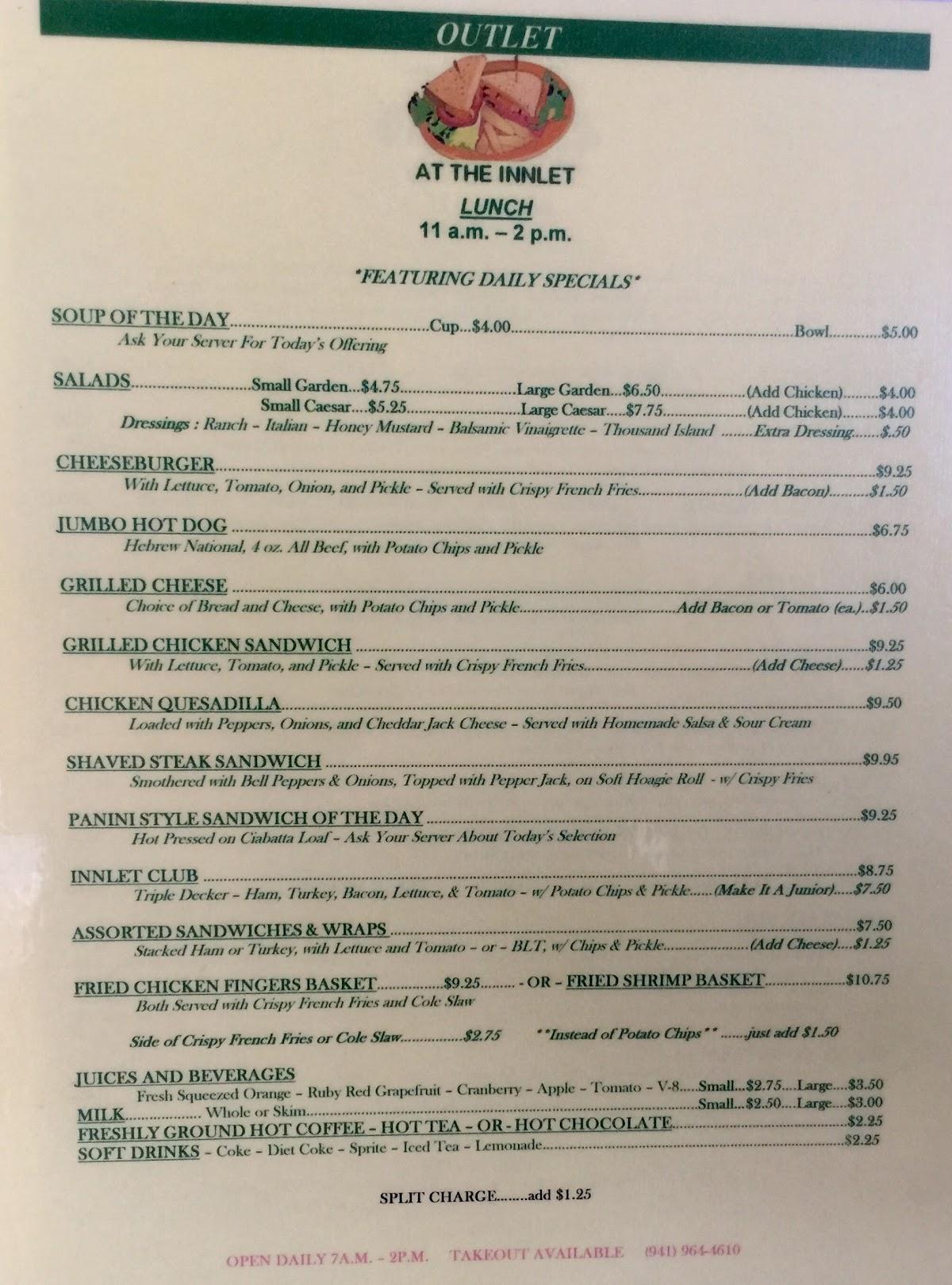 Menu at Outlet Restaurant, Boca Grande