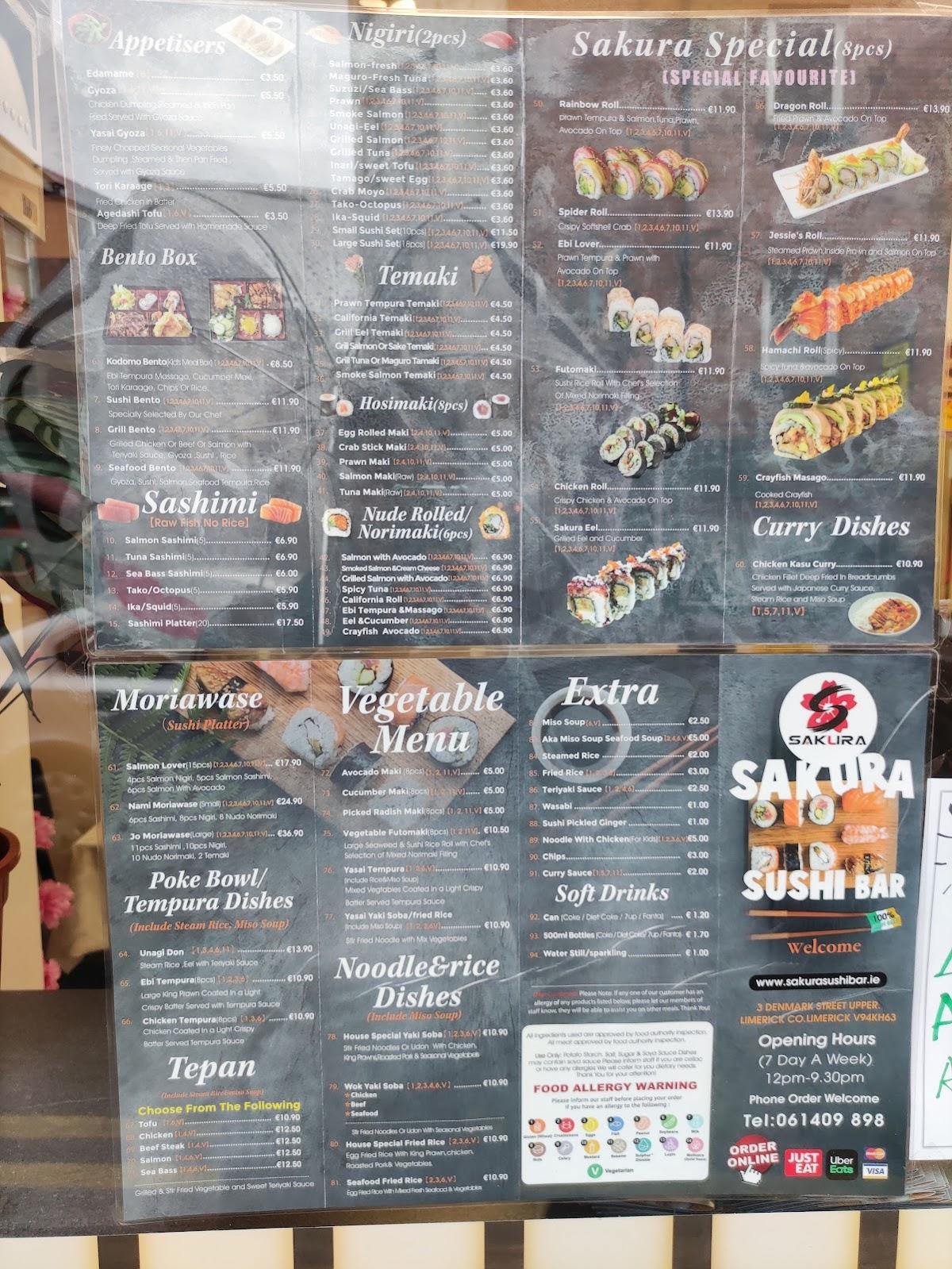 Menu at SAKURA SUSHI BAR, Limerick