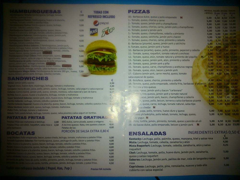 Menu at Pizzería Sabores, Seville