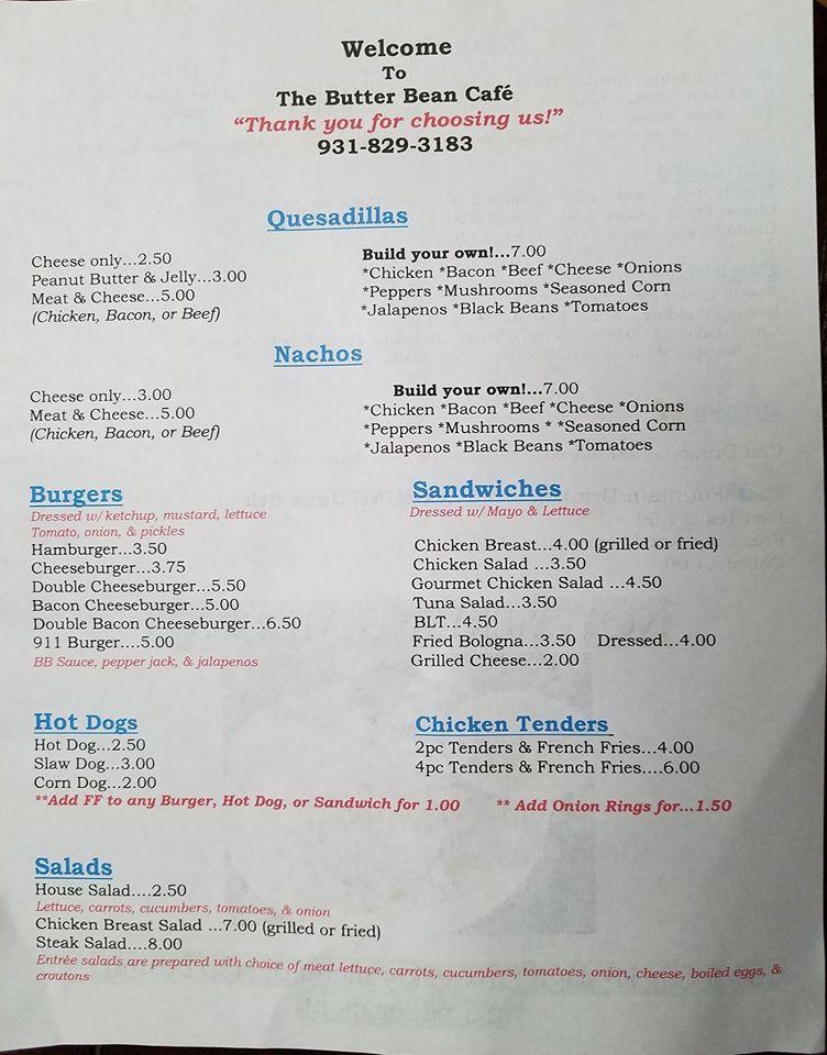 Menu at The Butter Bean Café restaurant, Ethridge
