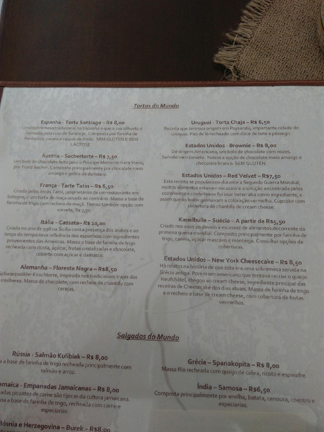 Menu at Tortas do Mundo cafe, Curitiba