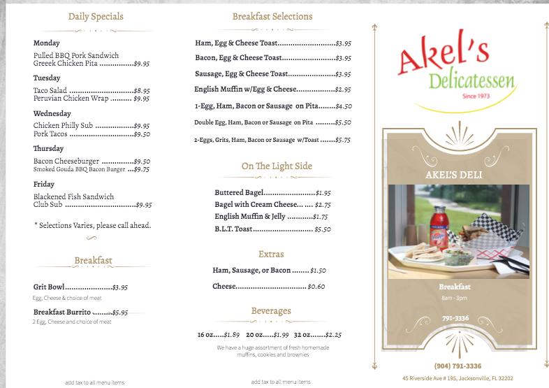 Menu at Akel's Deli restaurant, Jacksonville, 245 Riverside Ave # 195