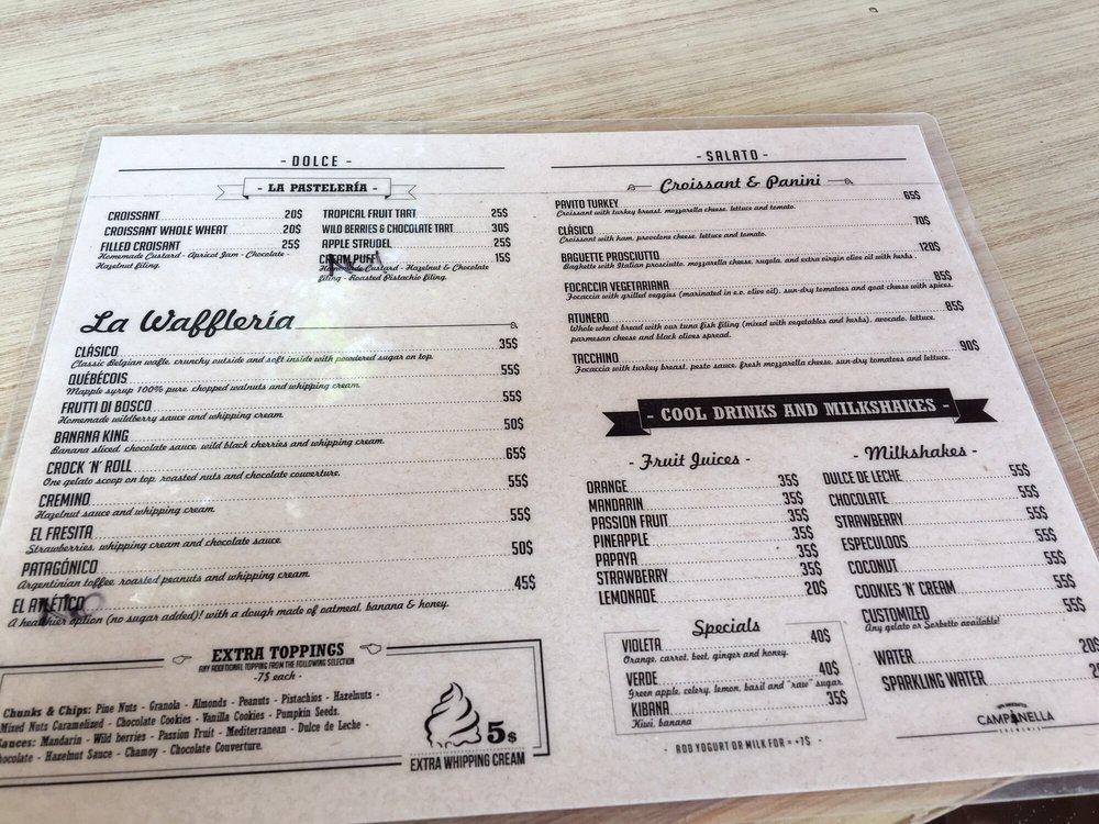 Menu at Campanella Cremerie cafe, Tulum, Av. Tulum
