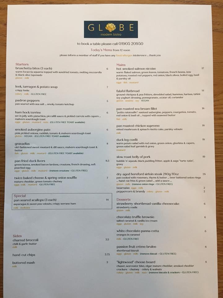 Menu at Globe Modern Bistro restaurant, Worcester