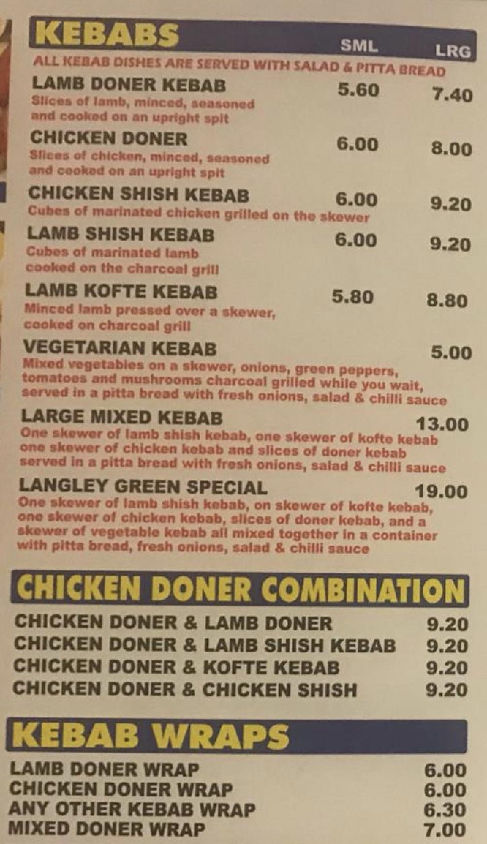 Menu at Langley Green Kebab Centre BBQ, Crawley, 3 Langley Parade