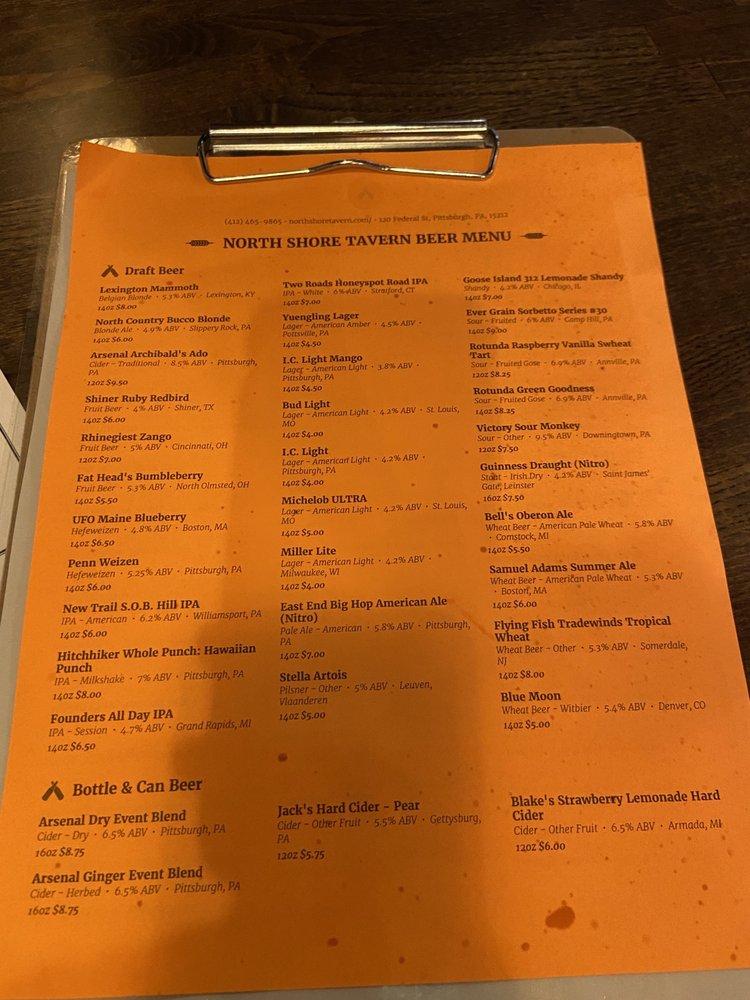 Menu at North Shore Tavern pub & bar, Pittsburgh