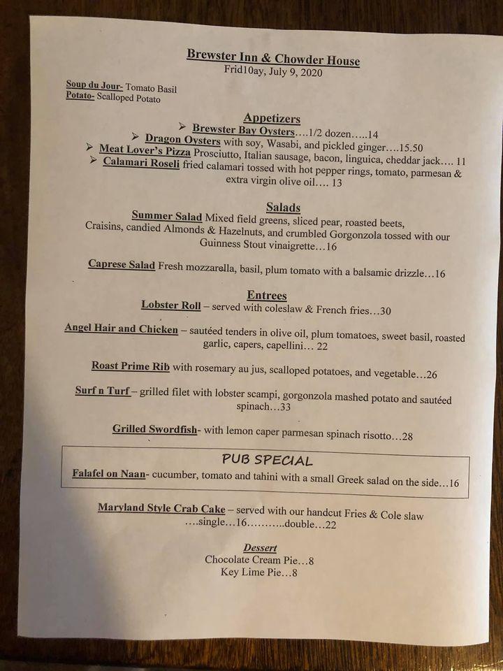 Menu at Brewster Inn & Chowder House restaurant, Brewster
