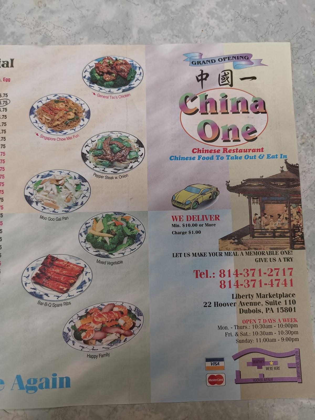 Menu at China One restaurant, DuBois