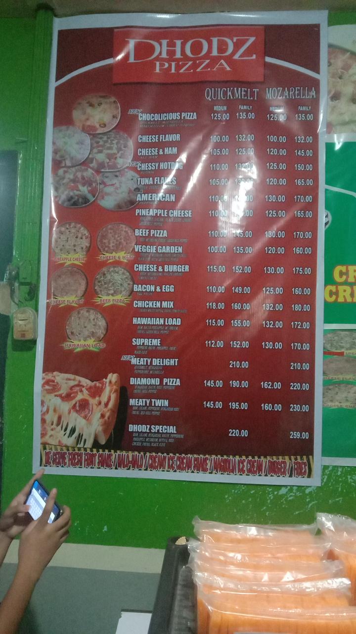 Menu at Dhodz pizza restaurant, Nabunturan