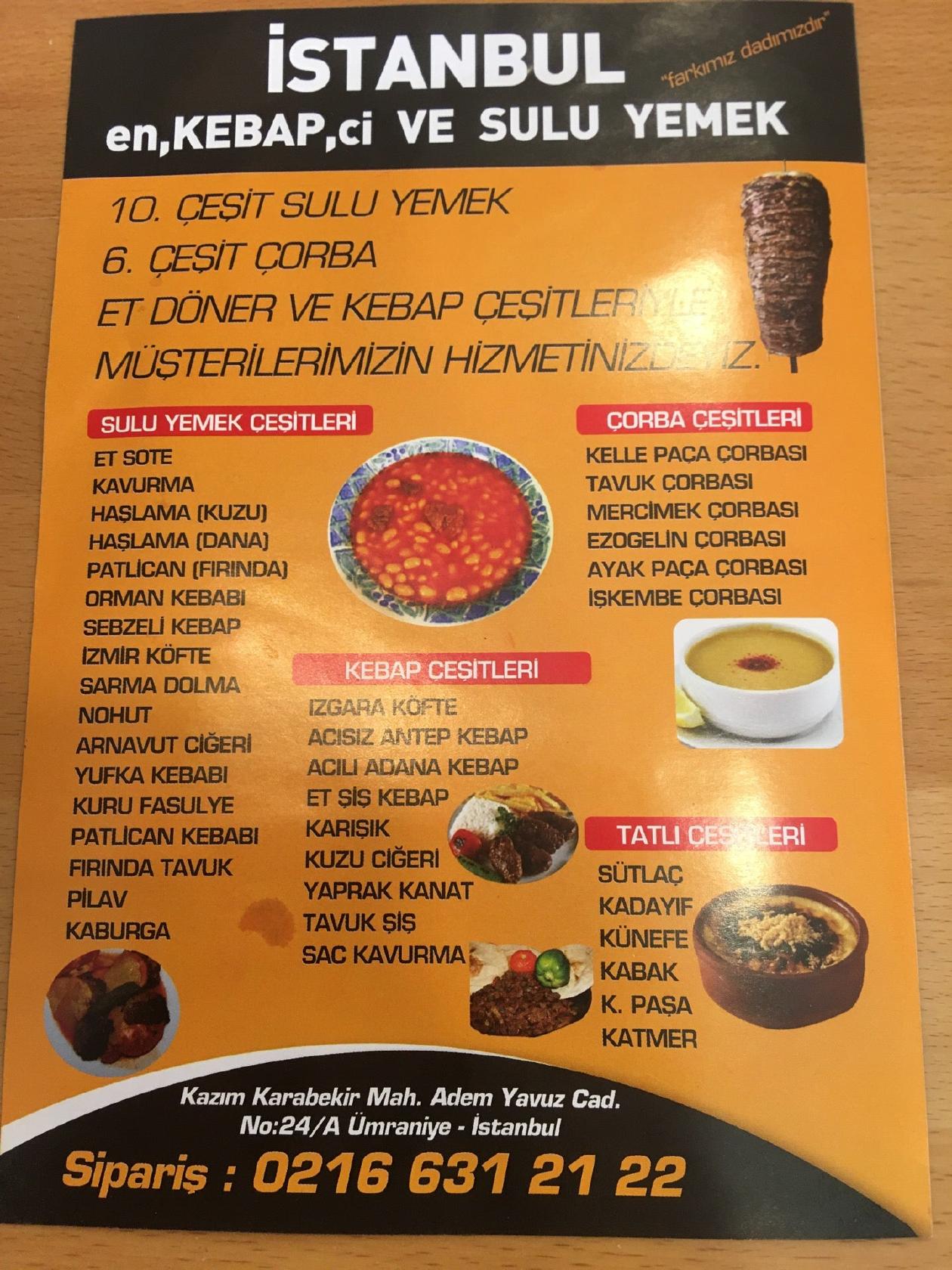Menu at En kebapci, Istanbul