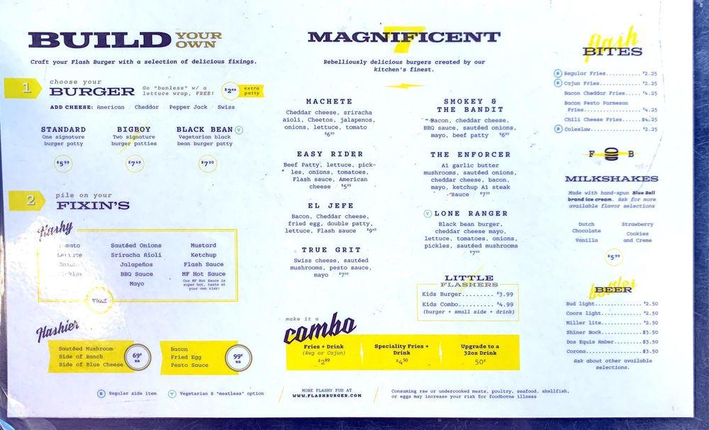Menu at Flash Burger restaurant, Kenedy