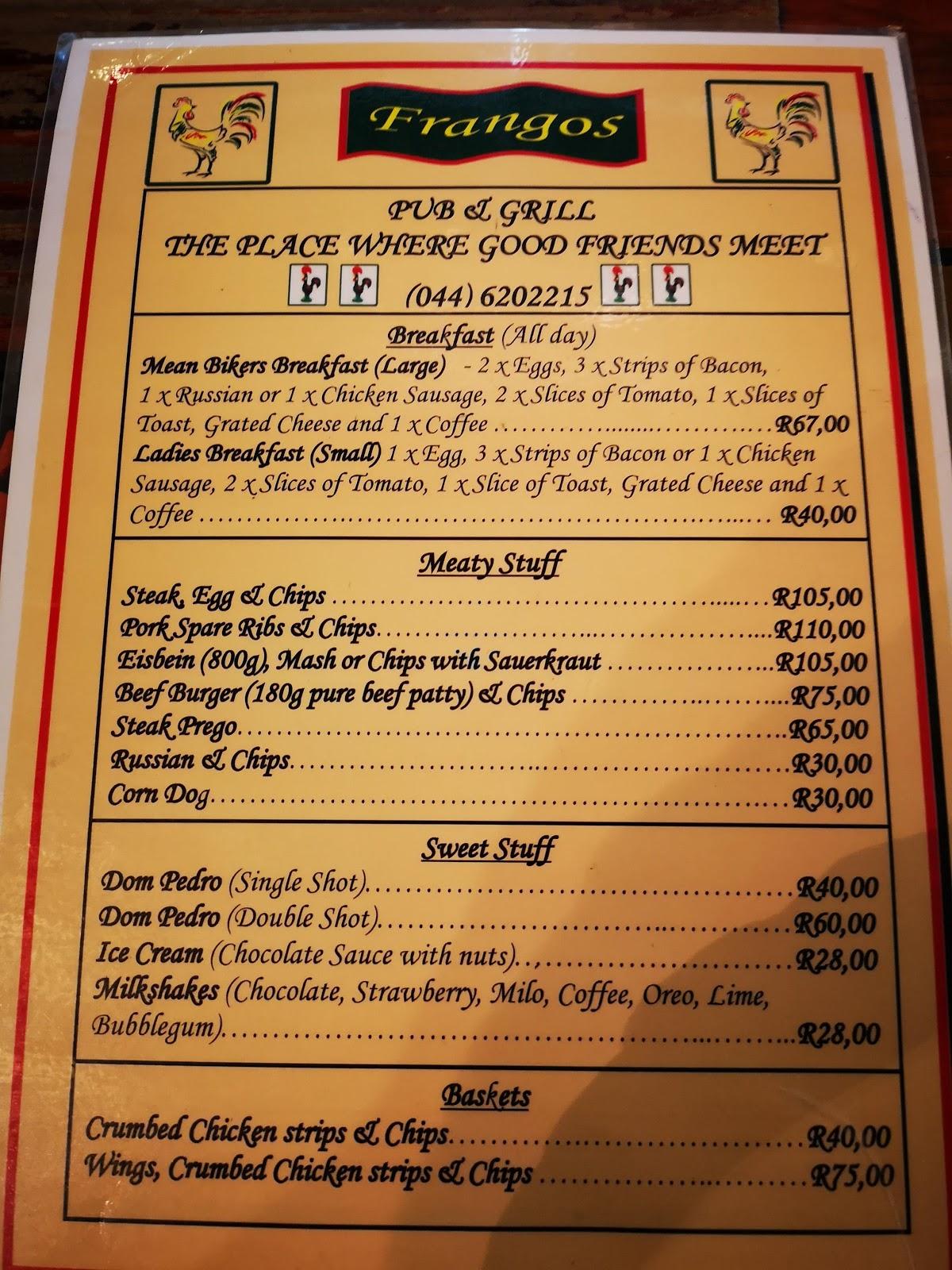 Menu at Frango's restaurant, Groot Brakrivier