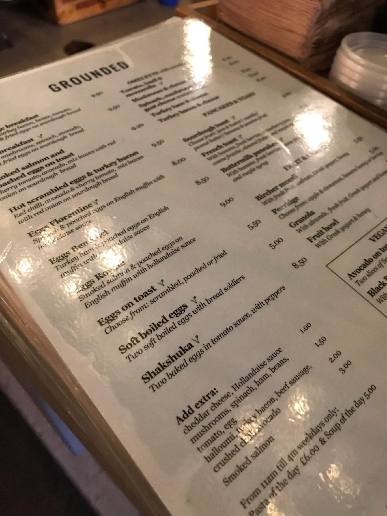 Menu at Grounded London restaurant, London, 9 Whitechapel Rd