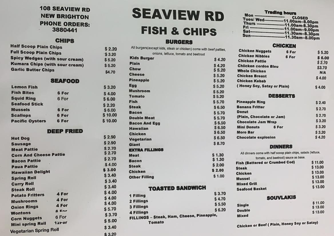 Menu at Seaview Rd Fisheries restaurant, Christchurch