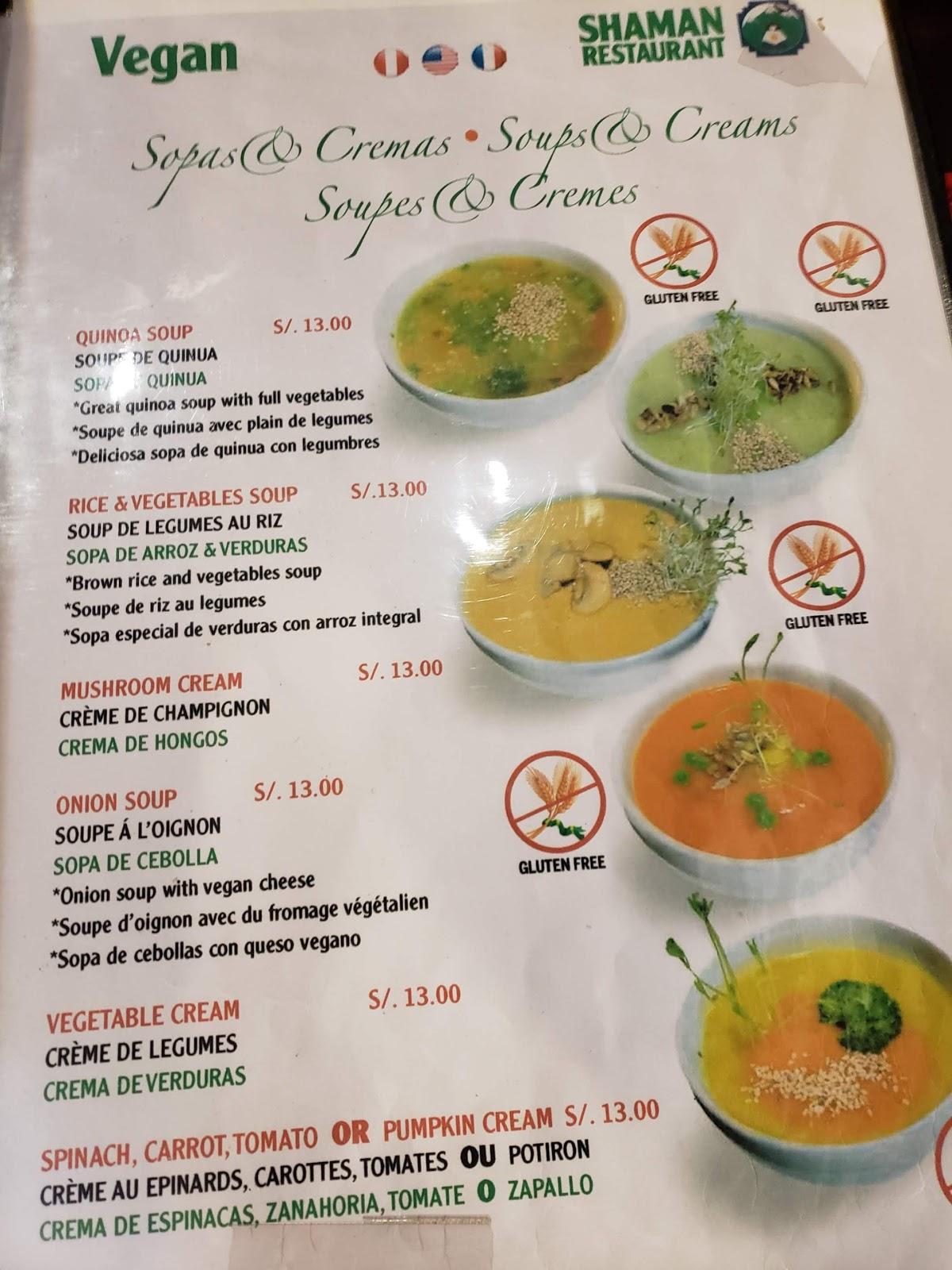 Menu at Shaman Restaurant Vegan Raw, Cusco