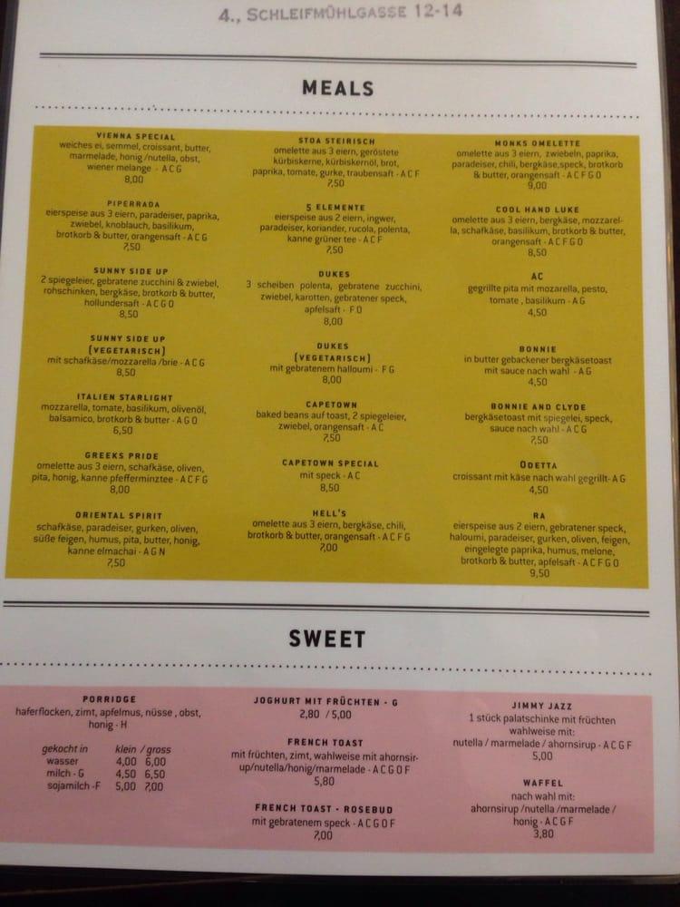 Menu at The Breakfastclub, Vienna