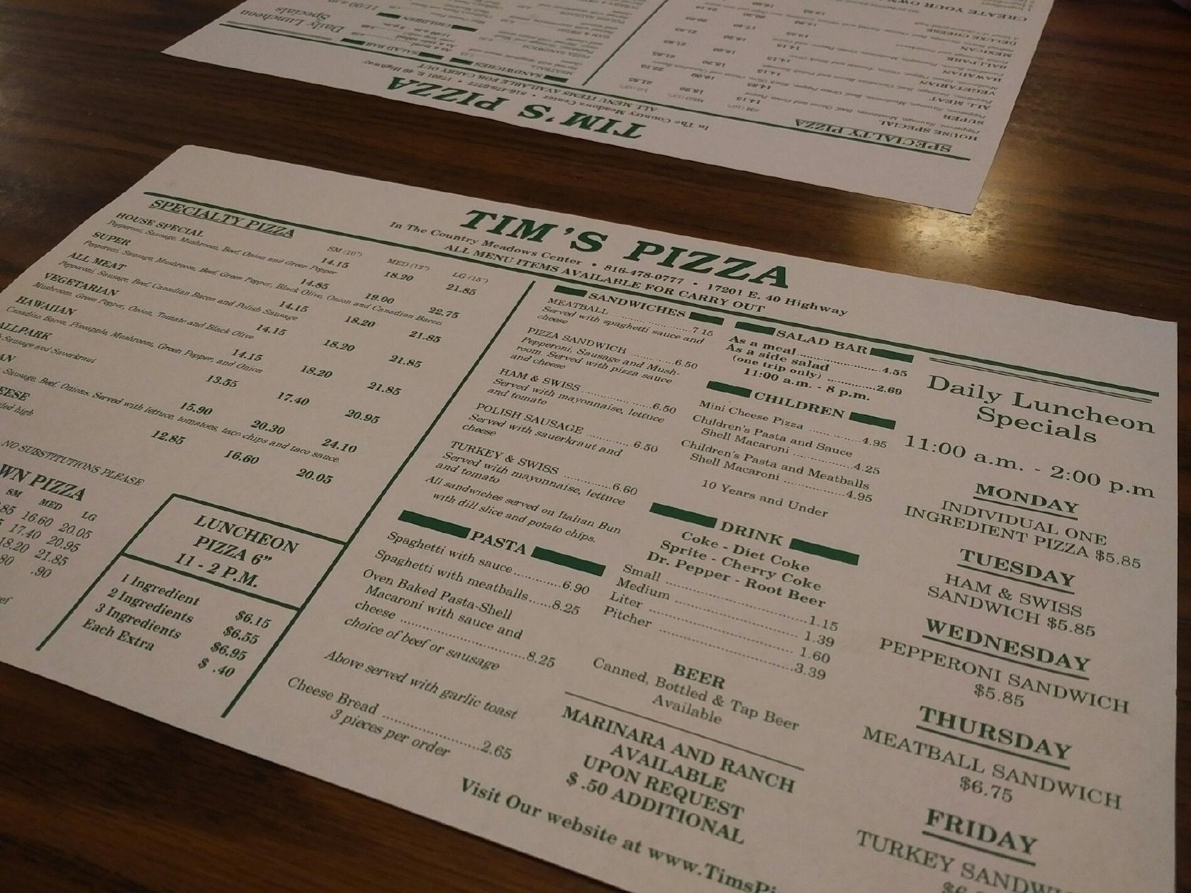Menu at Tim's Pizza pizzeria, Independence, US-40