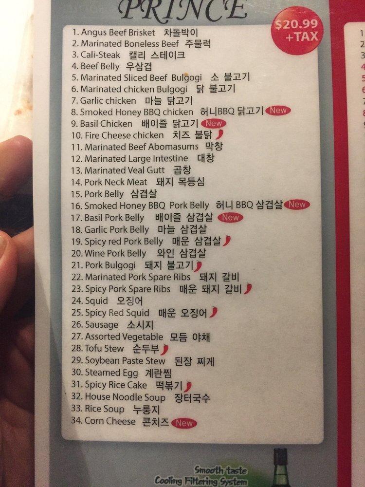 Menu at Wang Cho Korean BBQ, Riverside