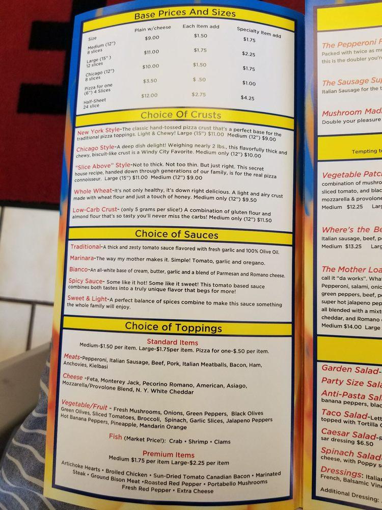 Menu at A Slice Above pizzeria, Strongsville